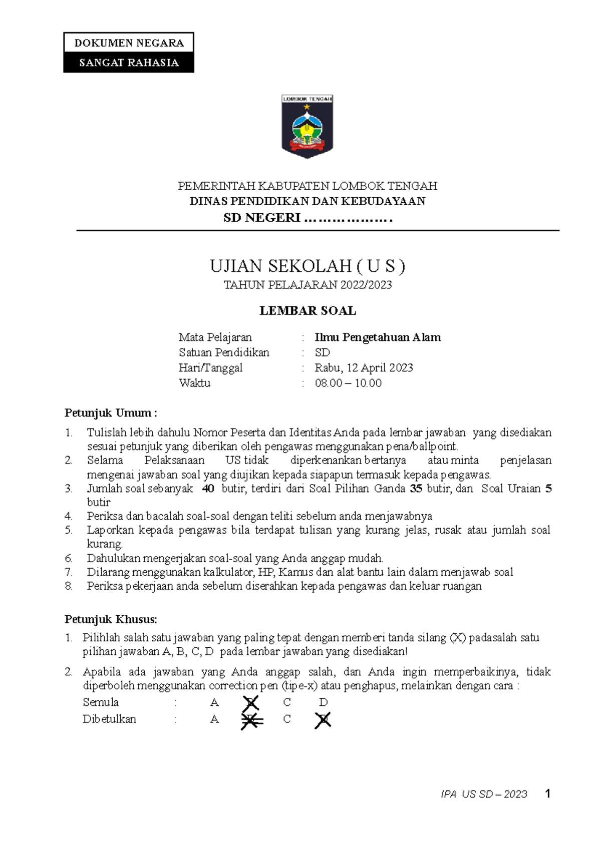 05 Contoh Soal US SD IPA 2023 - PEMERINTAH KABUPATEN LOMBOK TENGAH DINAS PENDIDIKAN DAN ...