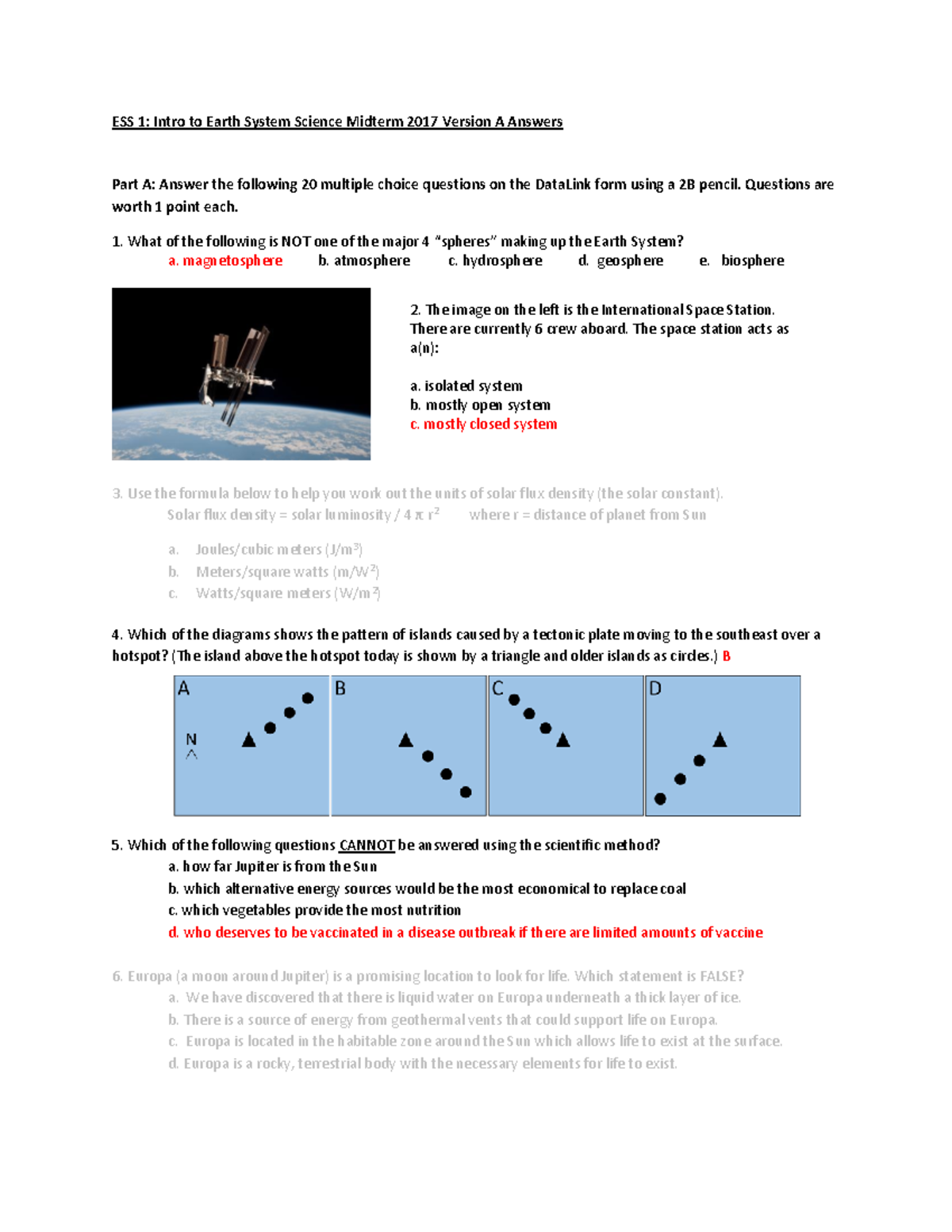 ESS 1 2017 Midterm 1 Version A Answers - ESS 1: Intro to Earth System ...