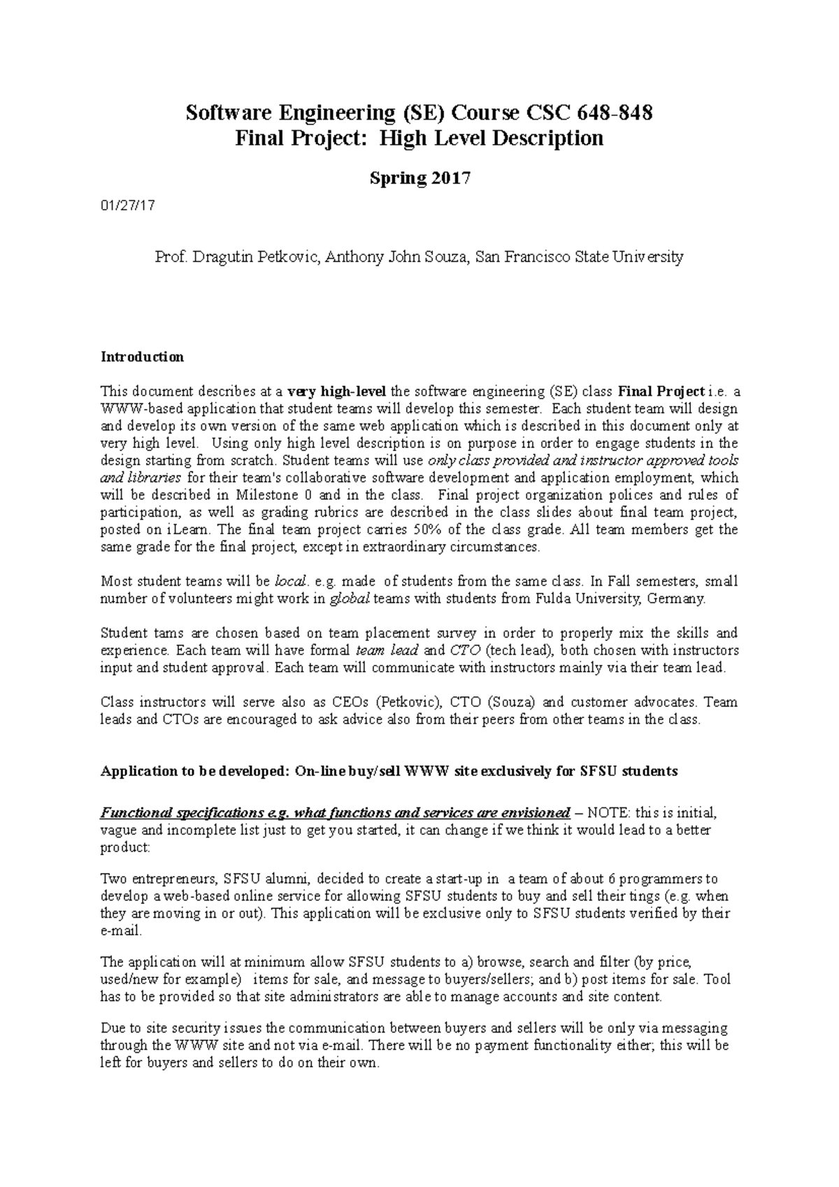 Final Project High Level Description Spring 2017 - Software Engineering ...