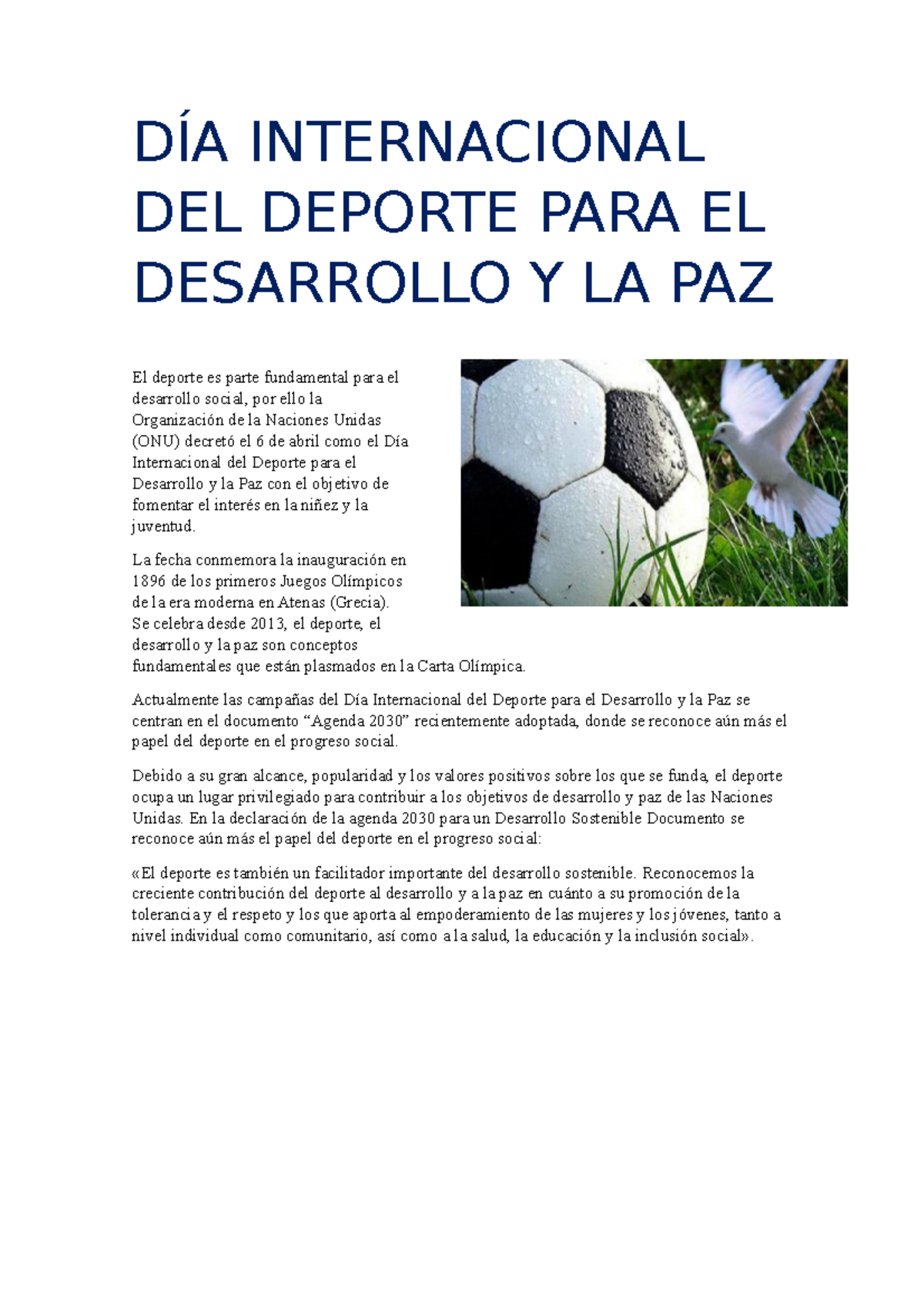 DÍA Internacional DEL Deporte PARA EL Desarrollo Y LA PAZ - DÍA ...