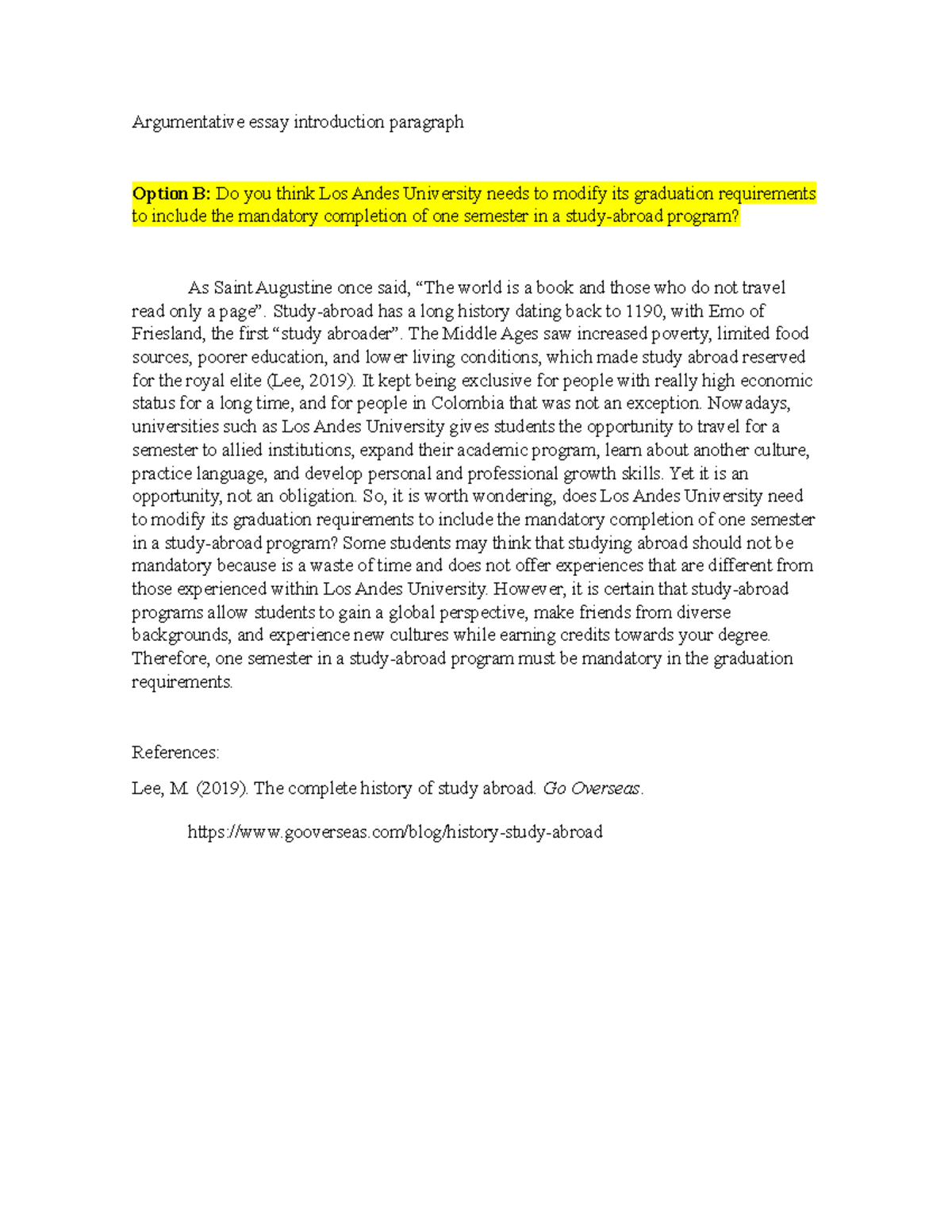 Argumentative essay introduction paragraph - Study-abroad has a long ...
