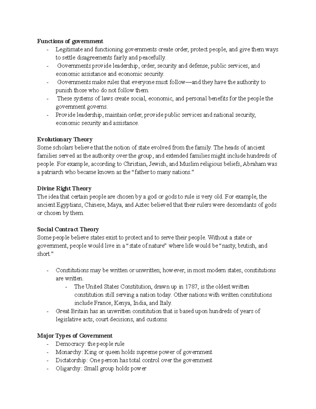 Gov ch 1 outline - CLASS NOTES - Functions of government - Legitimate ...