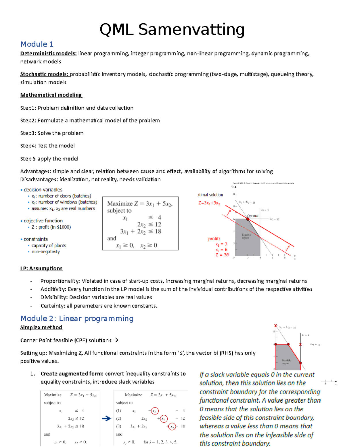 QML Samenvatting - QML Samenvatting Module 1 Determinisic models: linear programming, integer ...