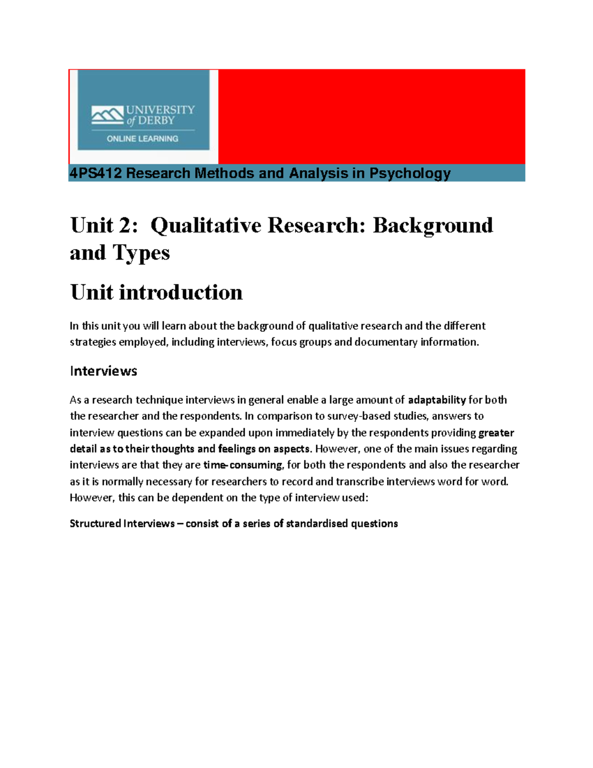 Unit 2 Qualitative Methods - 4PS412 Research Methods and Analysis in ...