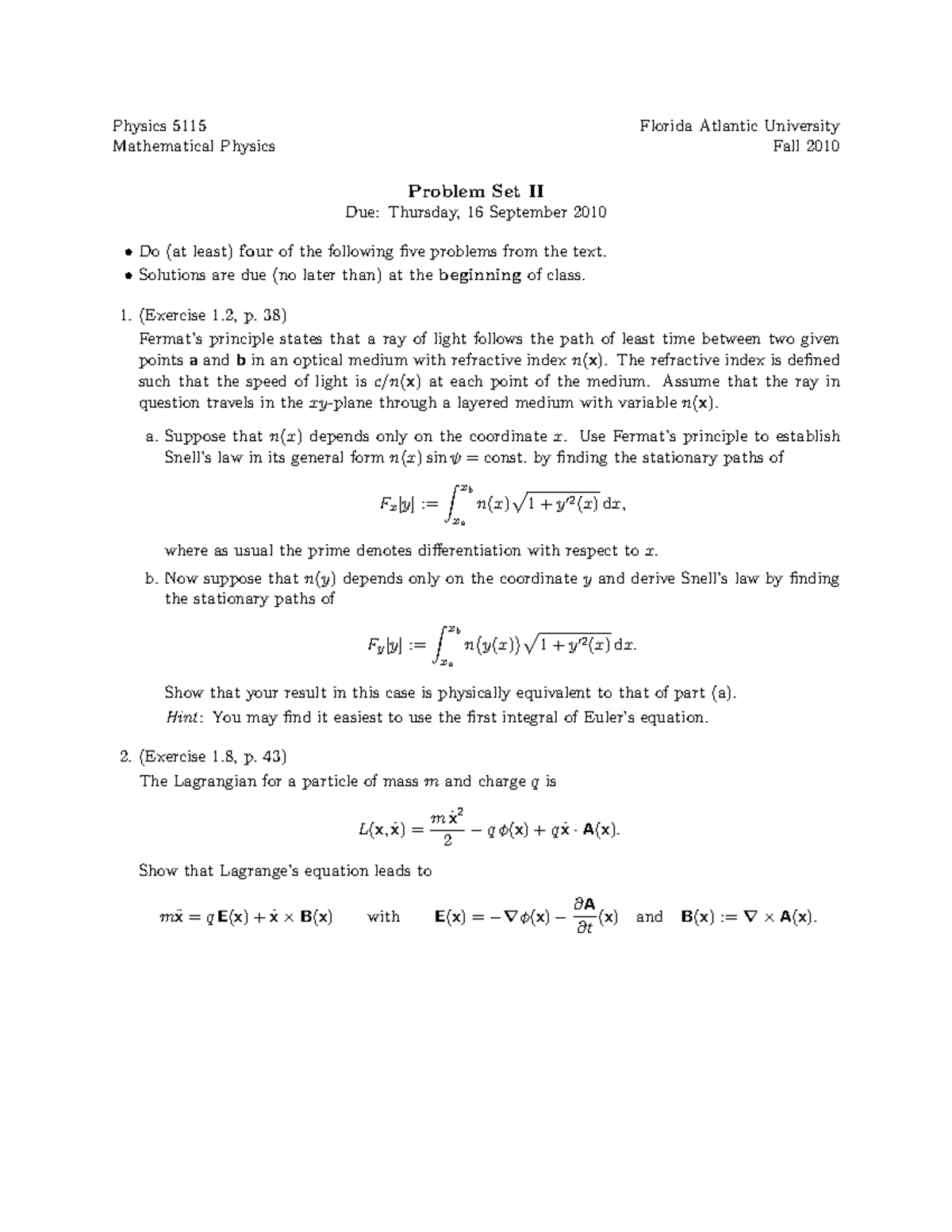 Homework Problem set 2 - Physics 5115 Mathematical Physics Florida ...