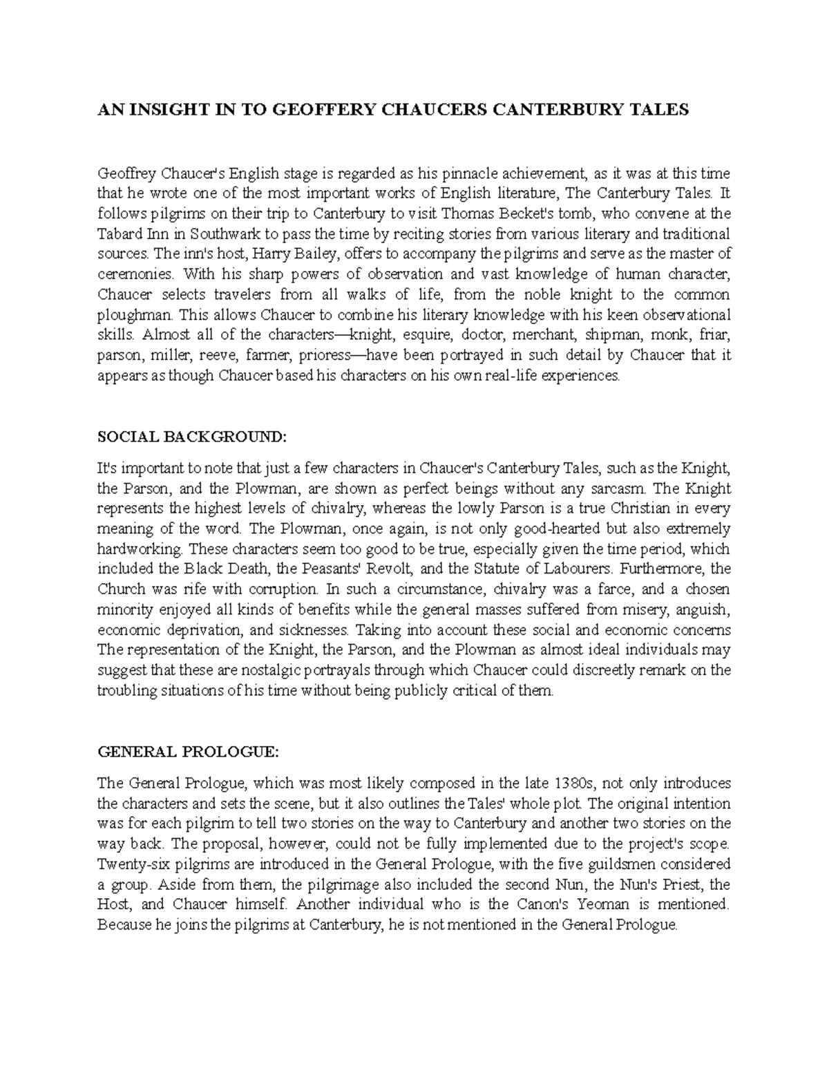 An Insight in to Geoffery Chaucer's Canterbury Tales - AN INSIGHT IN TO ...
