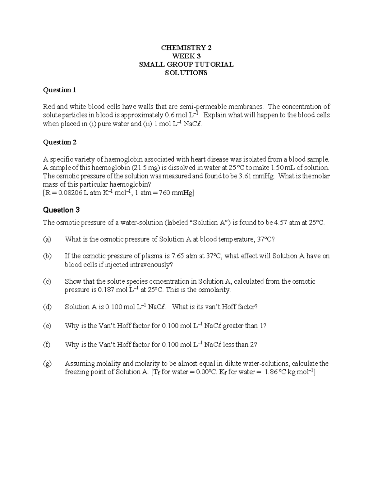 2024 CHEM1201 week 3 small group tutorial solutions - CHEMISTRY 2 WEEK ...
