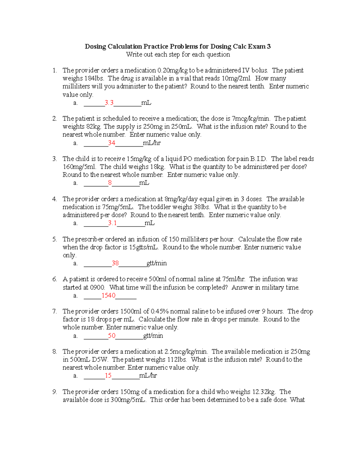Dosing Calculation Practice Problems 1 for Dosing Calc Exam 3 Answers ...