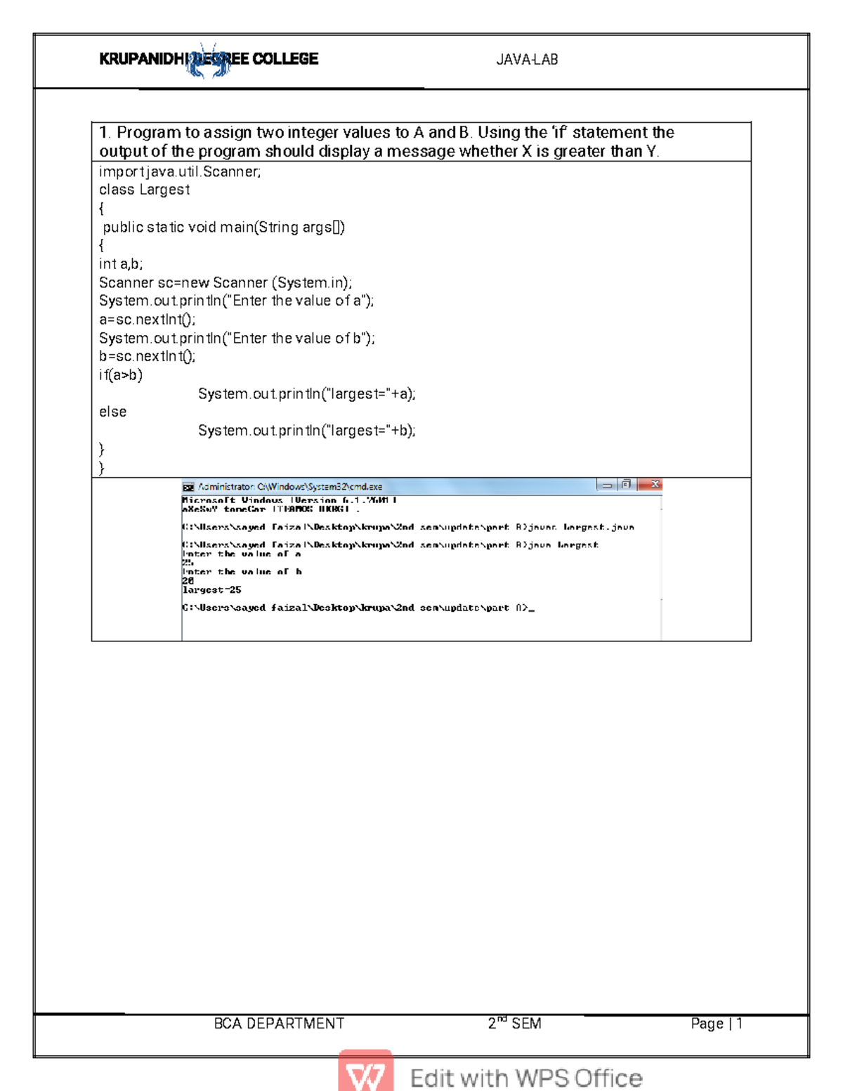 Lab part A - Assignment - 1. Program to assign two integer values to A and B. Using the ‘if ...