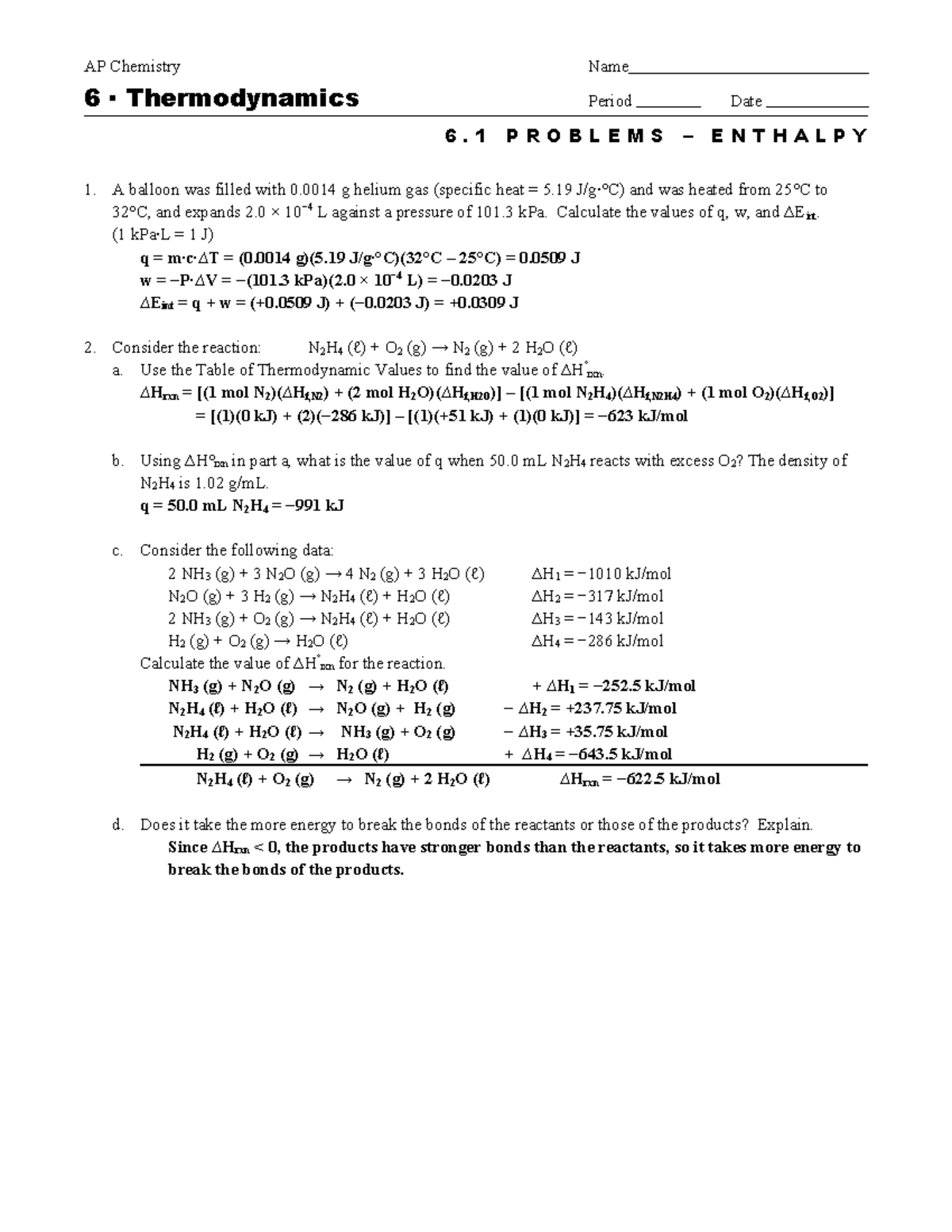 AP Chemistry Chapter 6 Thermodynamics Problem Set - AP Chemistry Name 6 ...