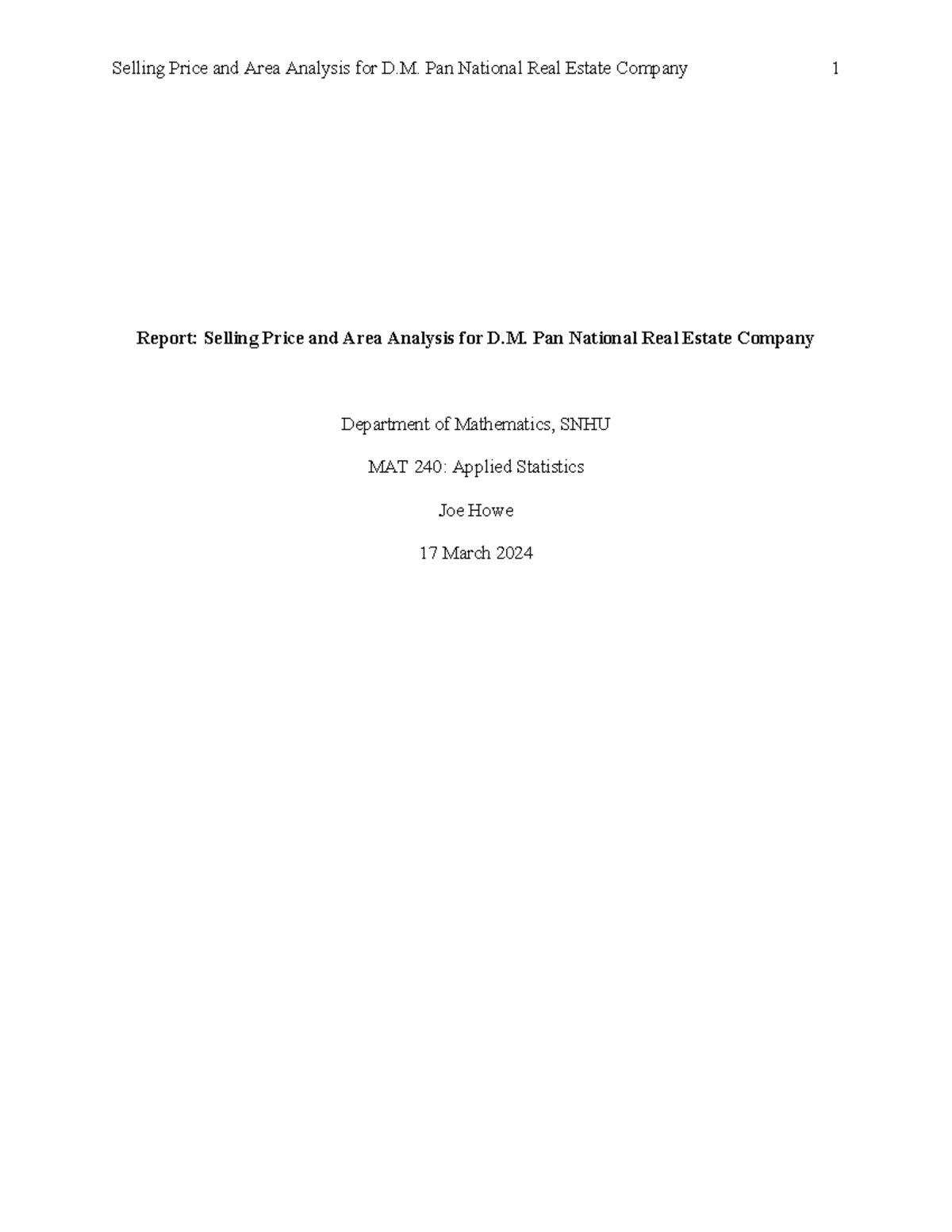 MAT 240 Module Two Assignment (studocu edit) - Report: Selling Price ...