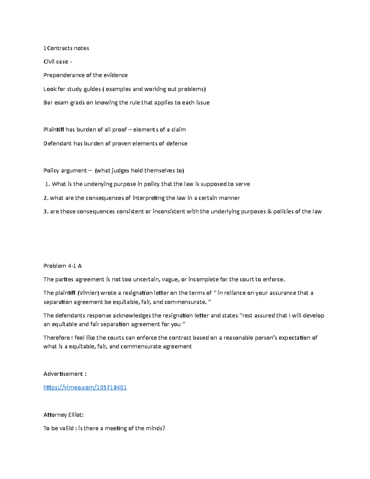 Notes contracts - 1Contracts notes Civil case - Preponderance of the ...