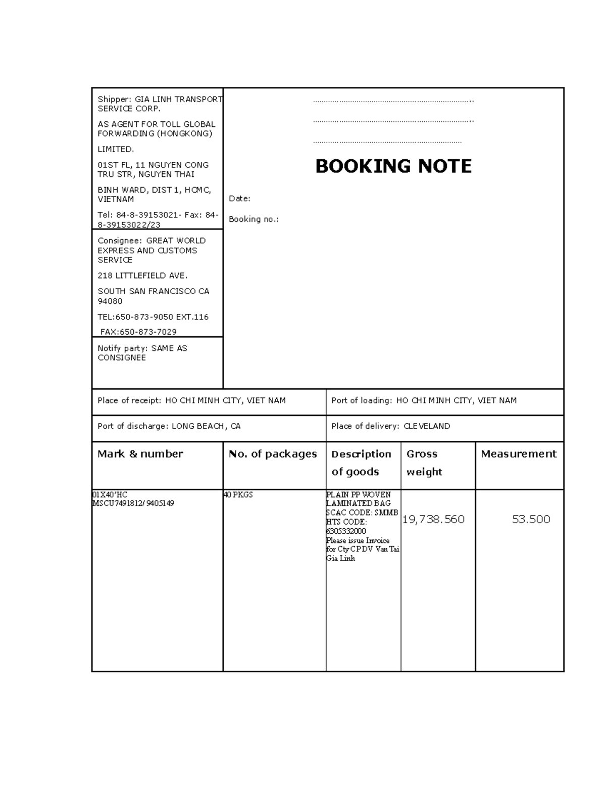 Booking NOTE - tài liệu tham khảo về chứng từ trong vận tải biển ...