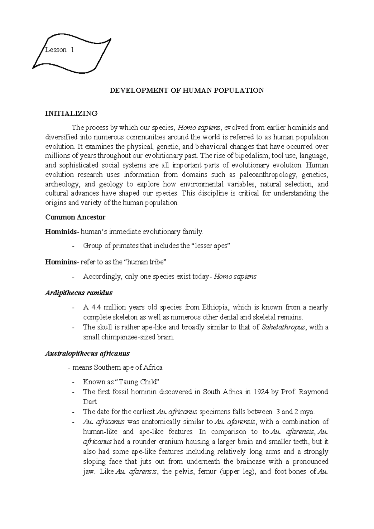 Concept-Notes - Note for STS 11 - Lesson 1 DEVELOPMENT OF HUMAN ...