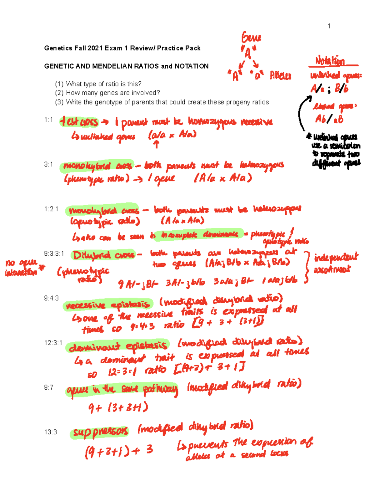 Practice Pack - Genetics Fall 2021 Exam 1 Review/ Practice Pack GENETIC ...