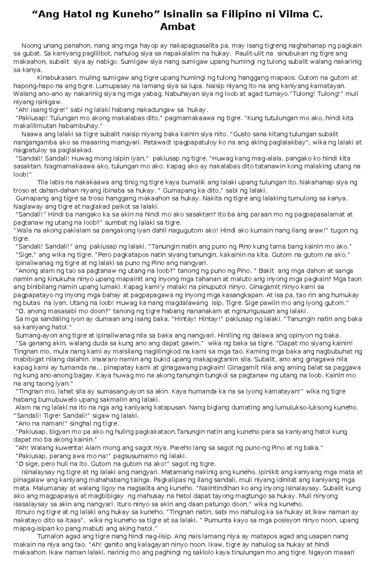 Hatol ng Kuneho Hand-outs for grade 9 demo teaching. - “Ang Hatol ng ...