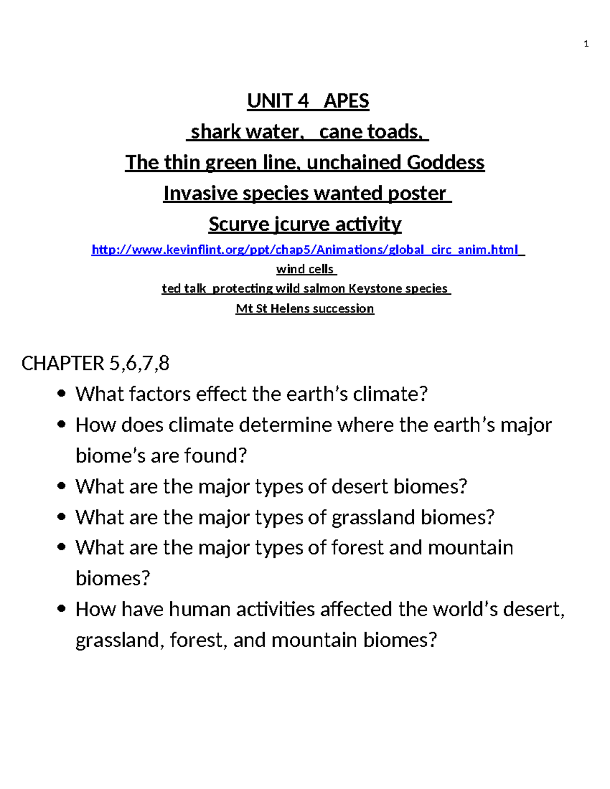 Notes UNIT 4 APES - UNIT 4 APES shark water, cane toads, The thin green ...