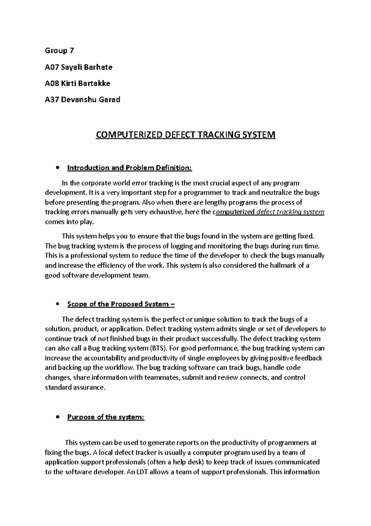 MAIN Grp 7-Assignment (Computerized Defect Tracking System ) - Group 7 ...