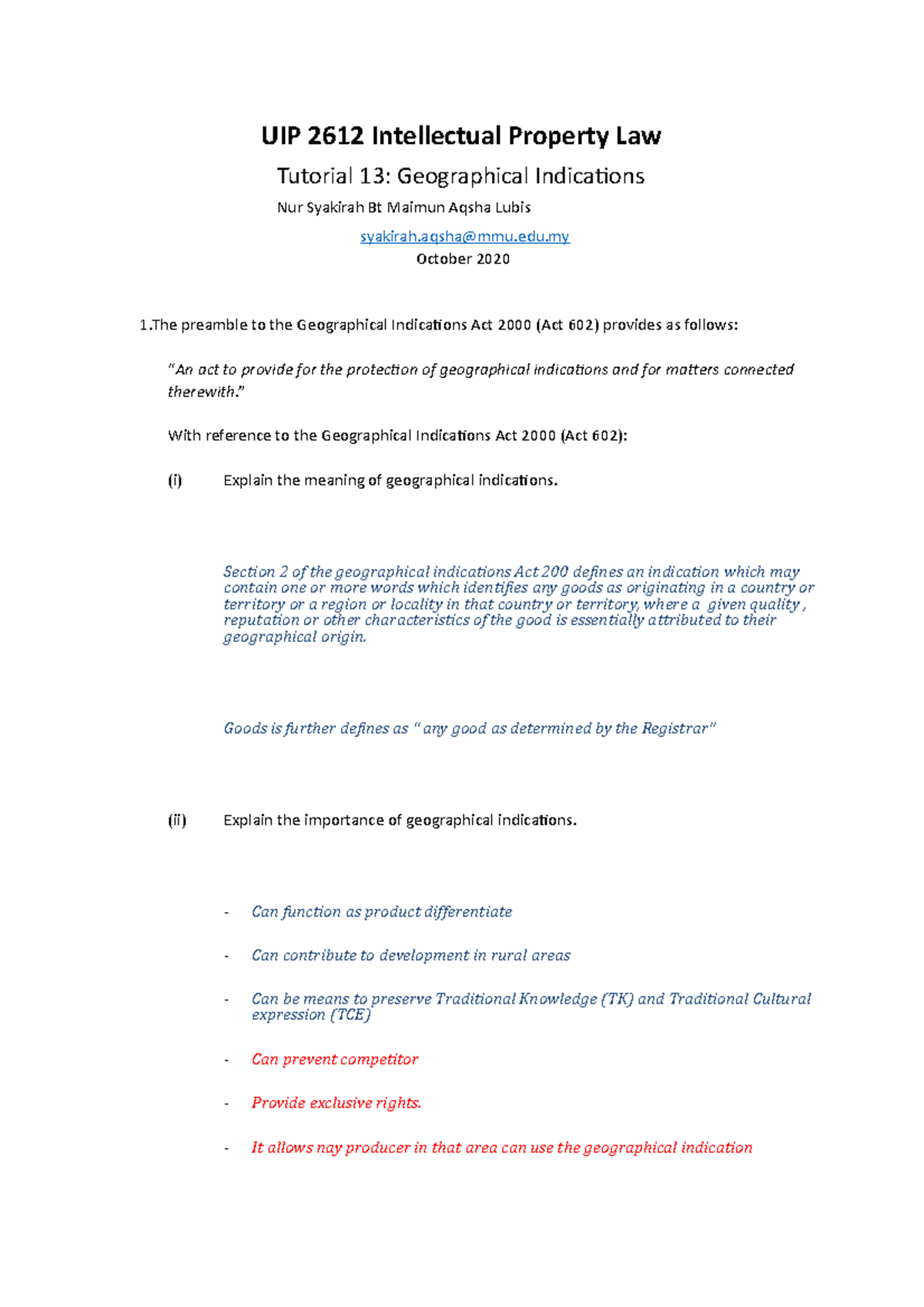 Tutorial Question - Geographical Indications - UIP 2612 Intellectual ...