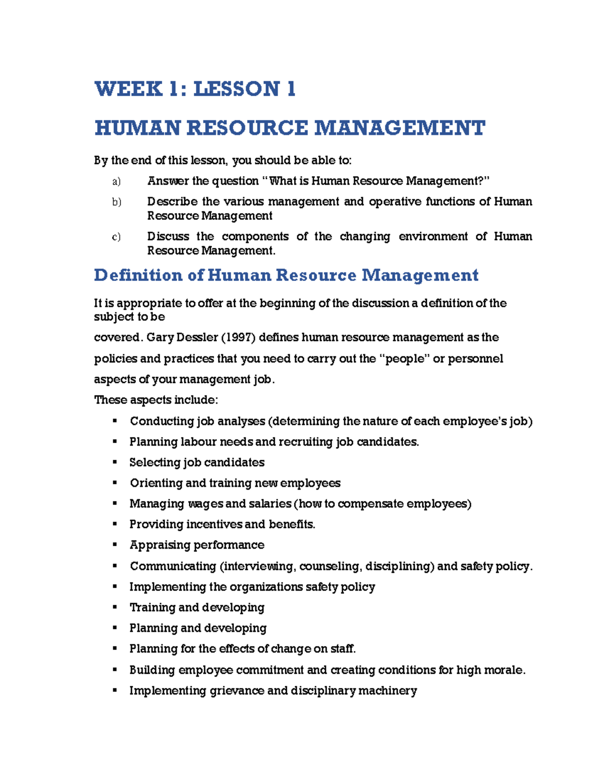 Topic ONE Notes BBM 214 - WEEK 1: LESSON 1 HUMAN RESOURCE MANAGEMENT By ...