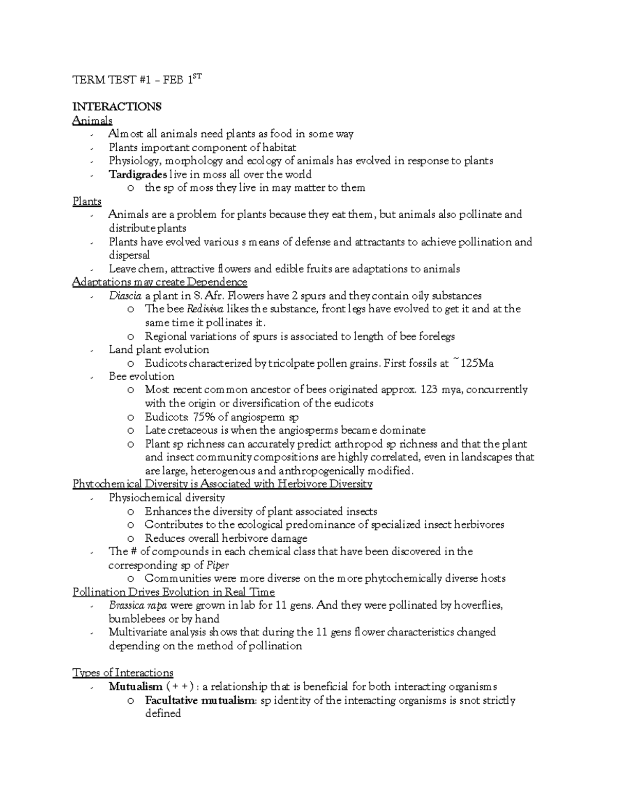 Plant Animal Interactions - TERM TEST 1 Notes - TERM TEST #1 – FEB 1ST ...