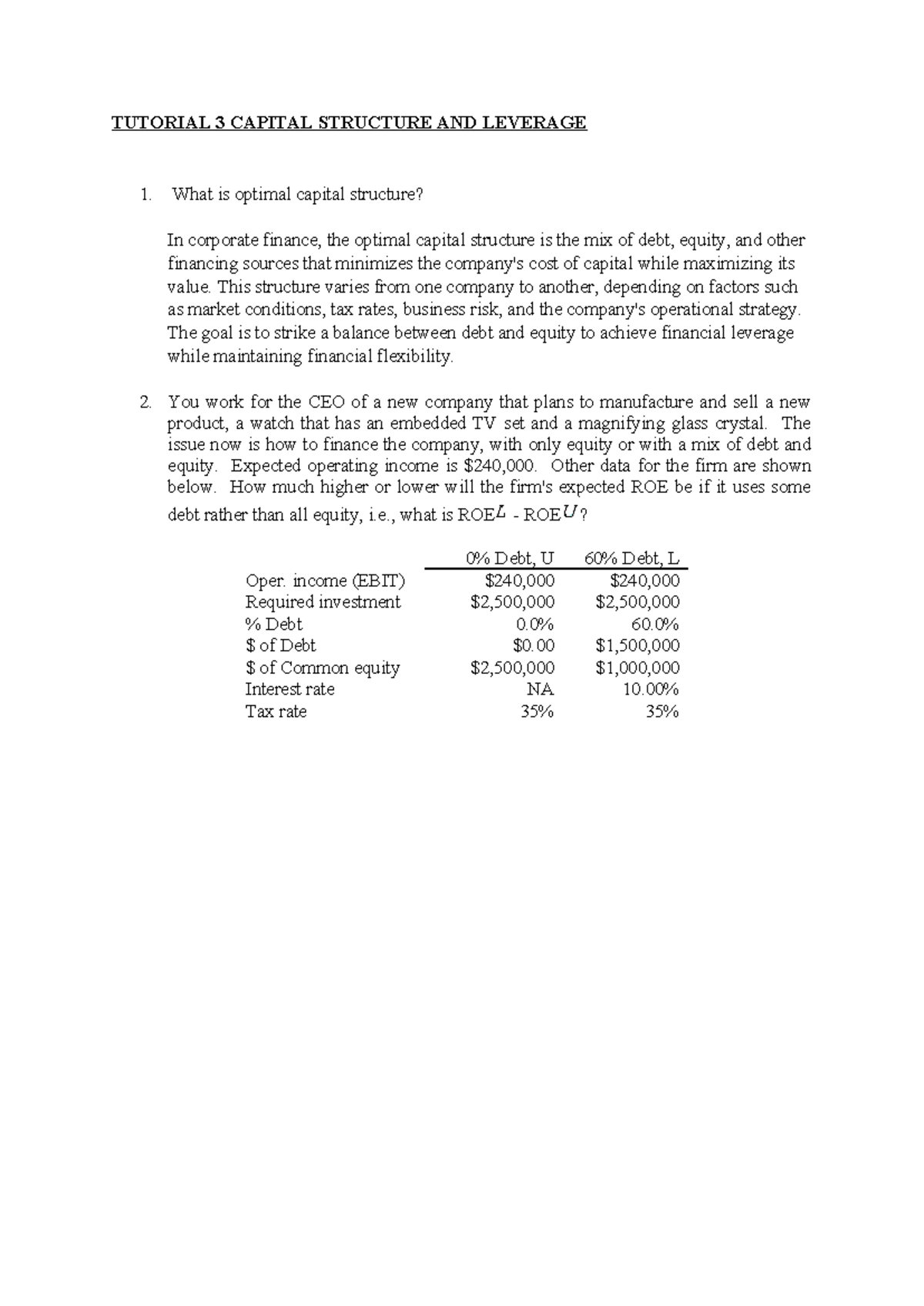 Tutorial 3 - TUTORIAL 3 CAPITAL STRUCTURE AND LEVERAGE 1. What is optimal capital structure? In ...