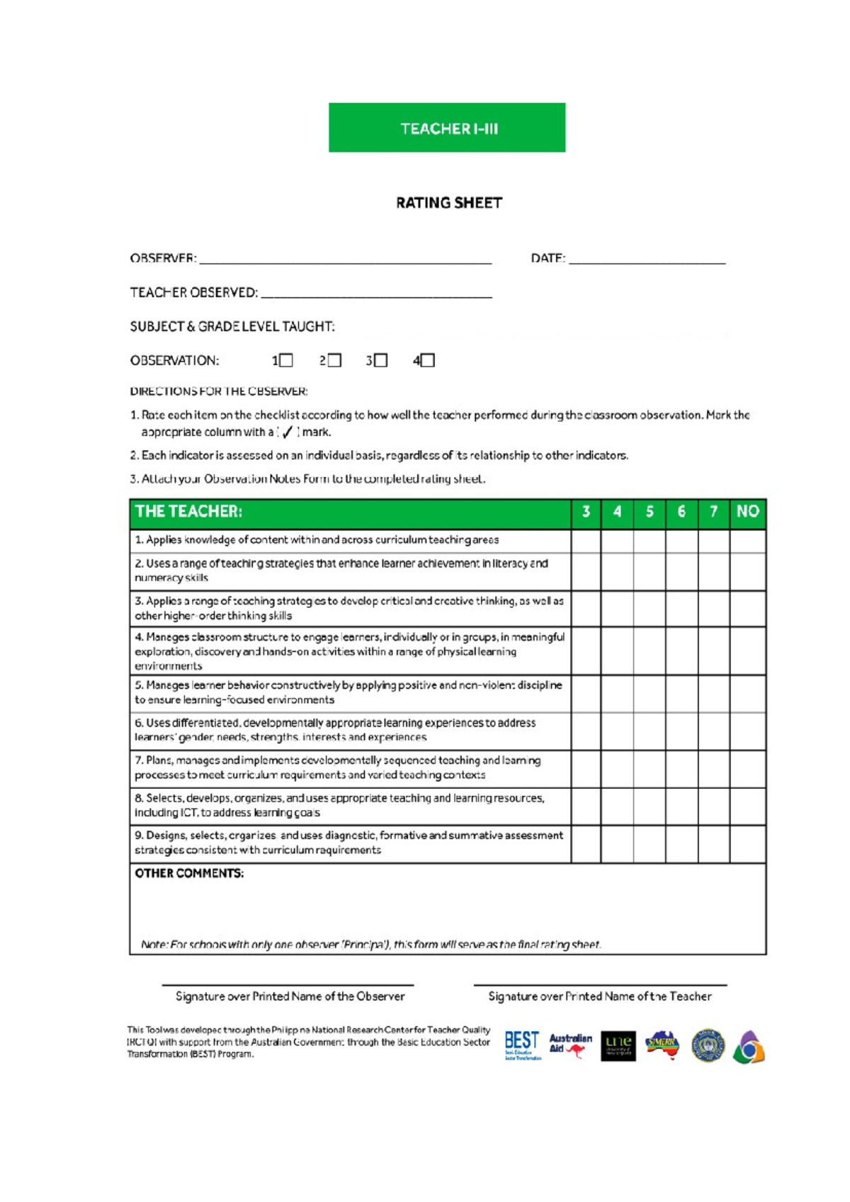 Cot-rating-sheet - General Education - Studocu