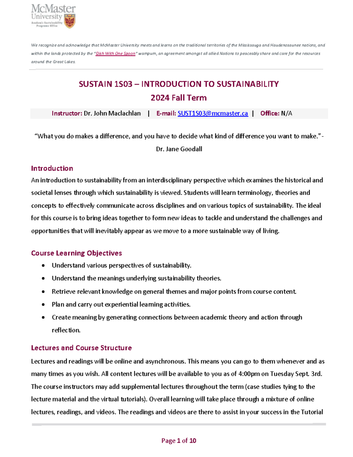Sustain 1S03 - Course Outline Fall 2024 - We recognize and acknowledge ...