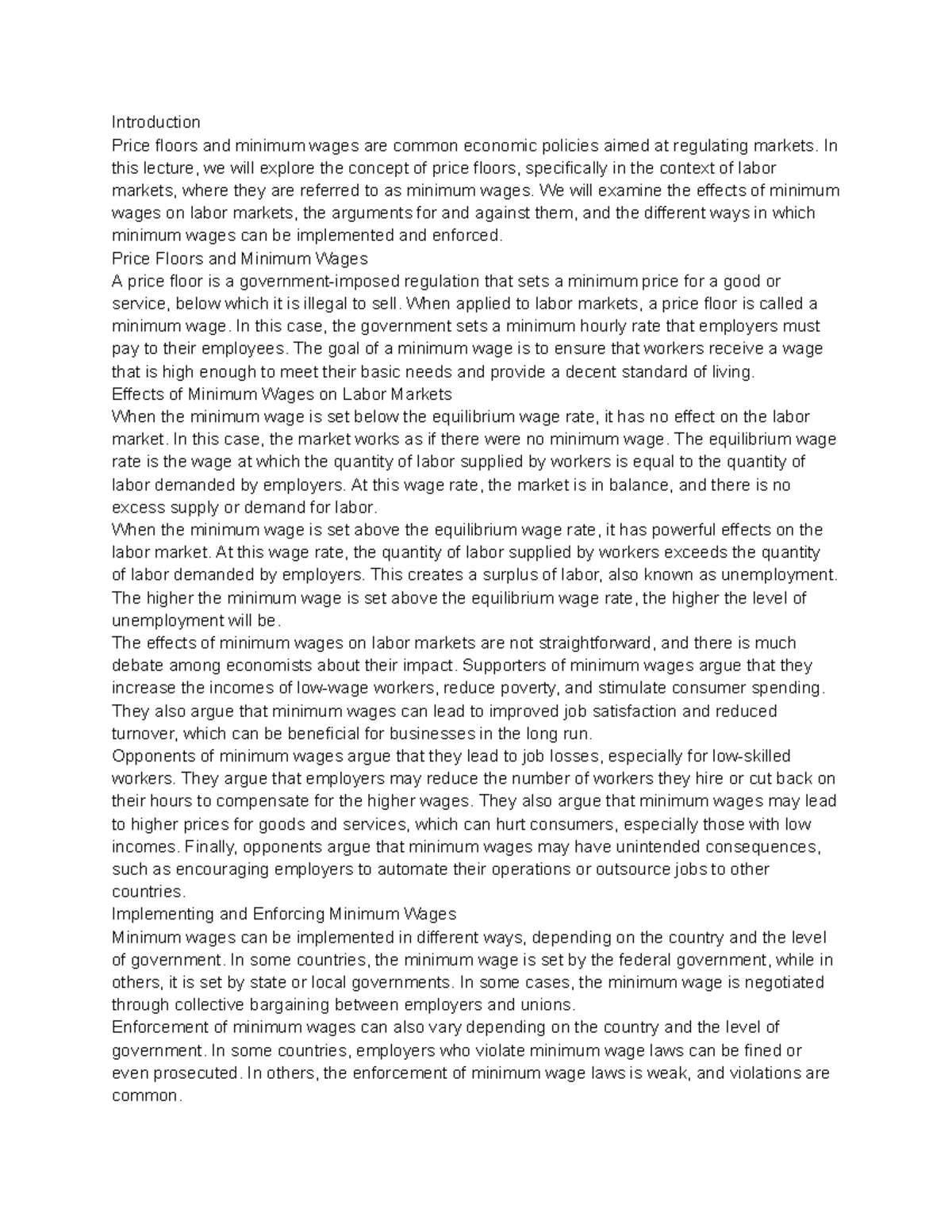 Econ101 Lecture Notes 2 Copy Introduction Price Floors And Minimum Wages Are Common Economic