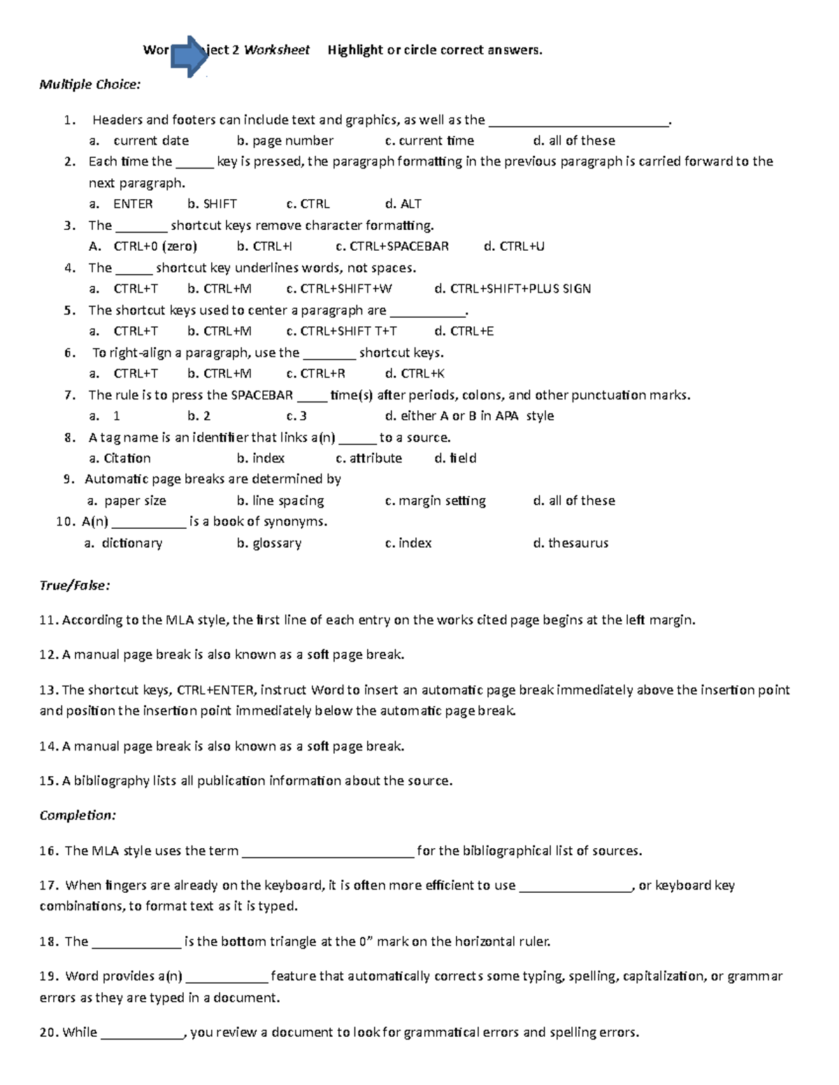 Word Project 2 Worksheet - Word, Project 2 Worksheet Highlight or ...