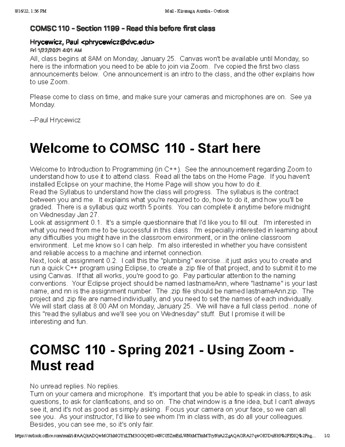 CSE142 - COMSC 110 of DVC - 8/16/22, 1:36 PM Mail - Kisanaga, Aurelia ...