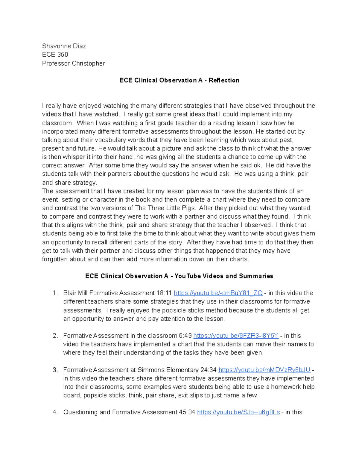 ECE Clinical Observation Reflection - Shavonne Diaz ECE 350 Professor ...