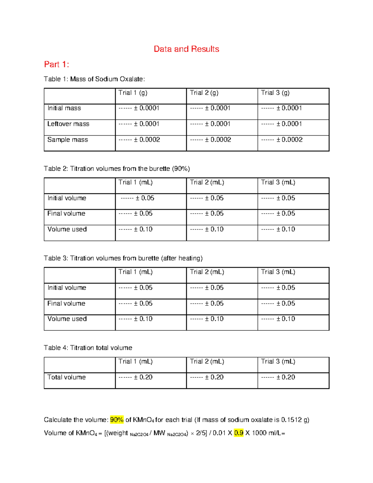 Sample Calculation- RT lab report - Data and Results Part 1: Table 1 ...