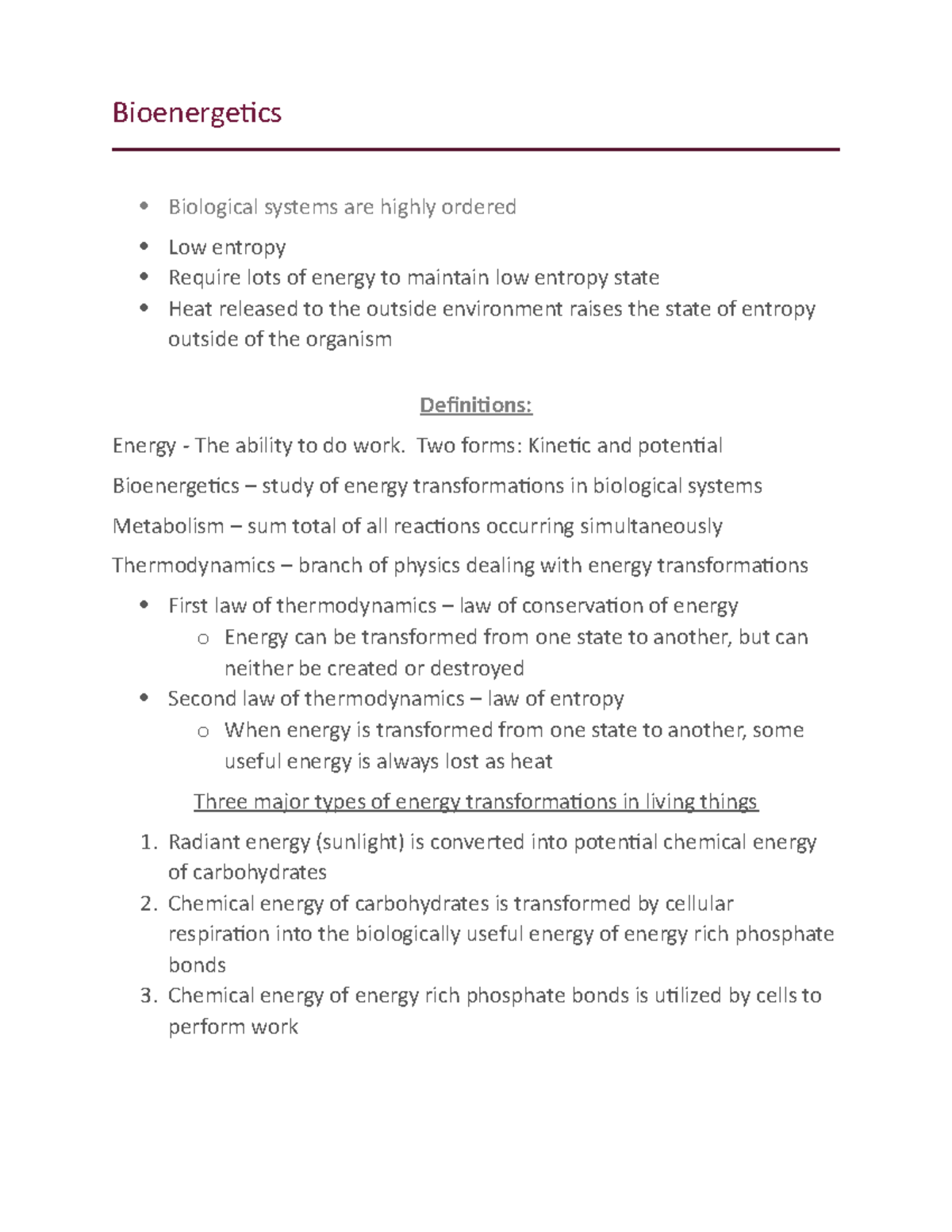 Lecture notes, all lectures - Bioenergetics Biological systems are ...