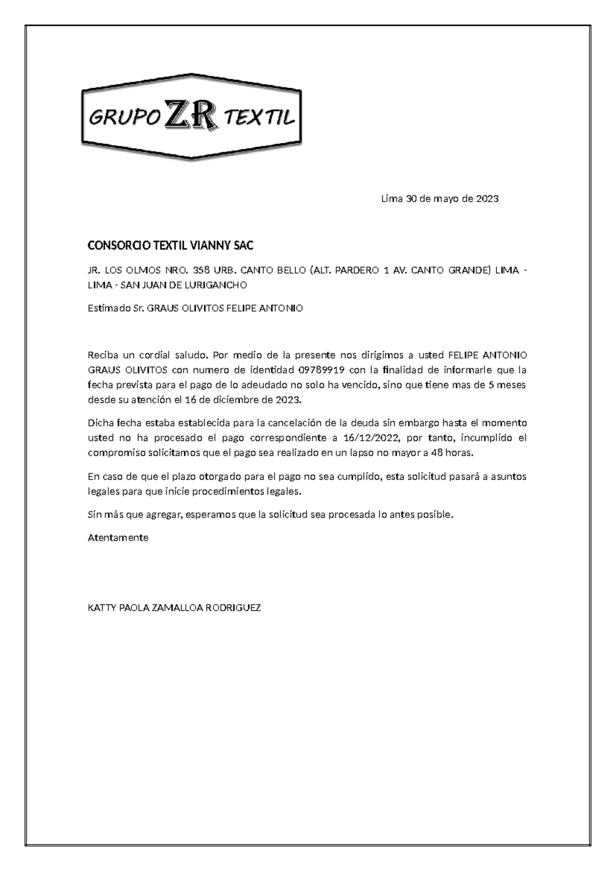 Carta Cobranza Viany - Lima 30 de mayo de 2023 CONSORCIO TEXTIL VIANNY ...