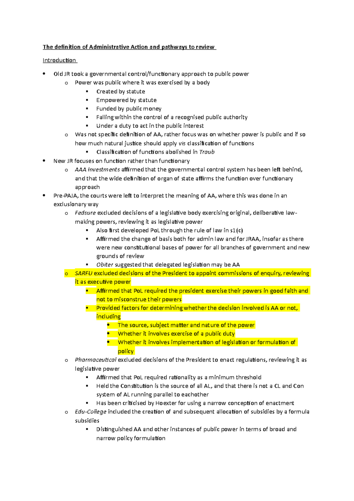 Admin Law - class notes - The definition of Administrative Action and ...