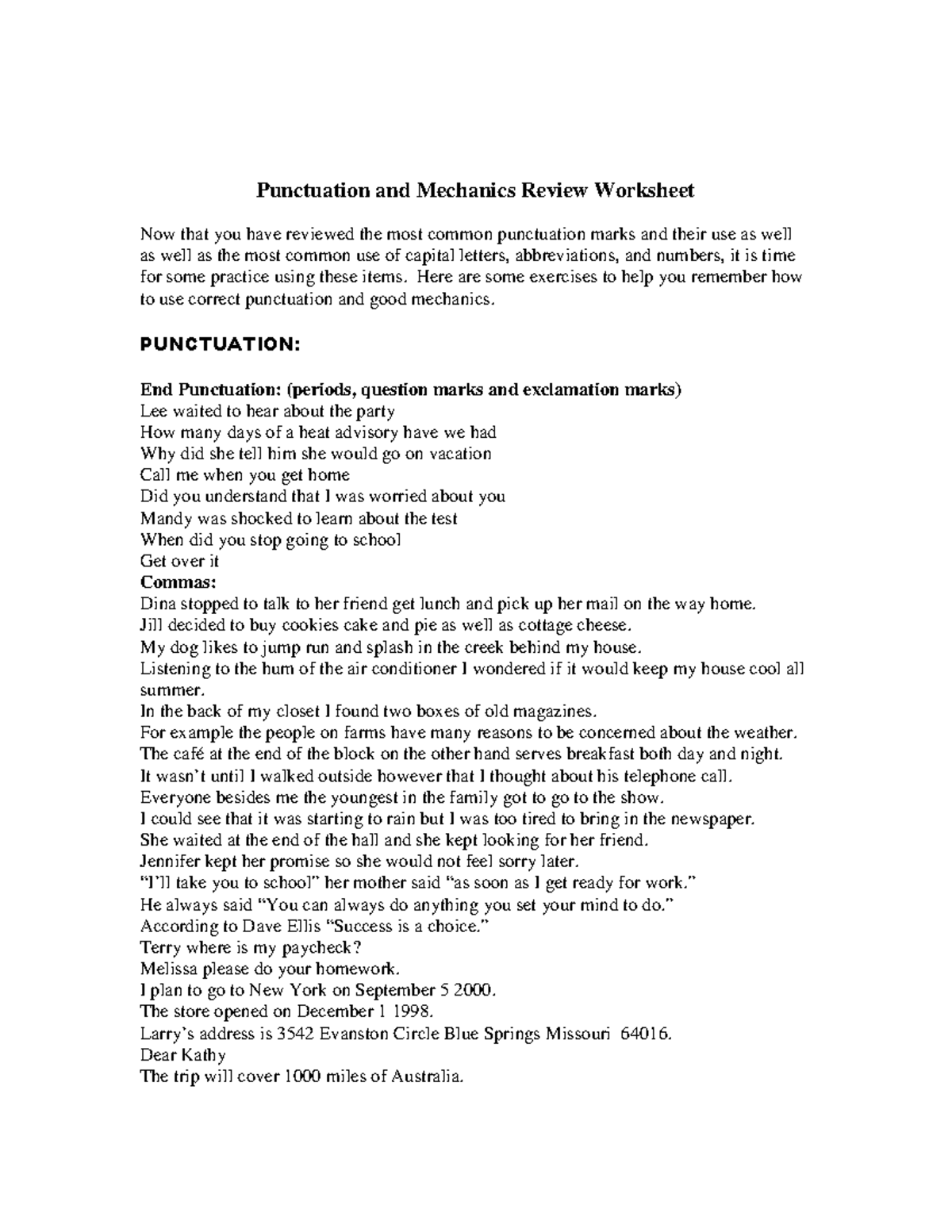 Punctuation and Mechanics Review Worksheet and Answers 2010 e ...