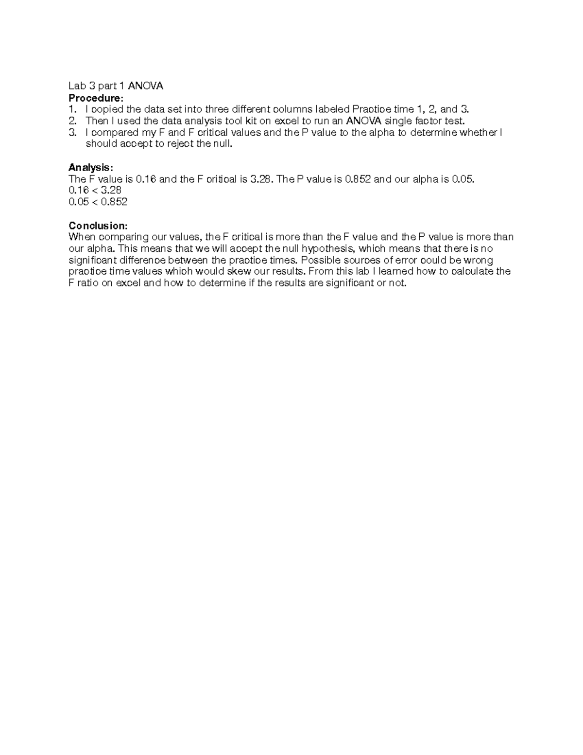 LAB 3 Anova - lab 3 stats - Lab 3 part 1 ANOVA Procedure: I copied the ...