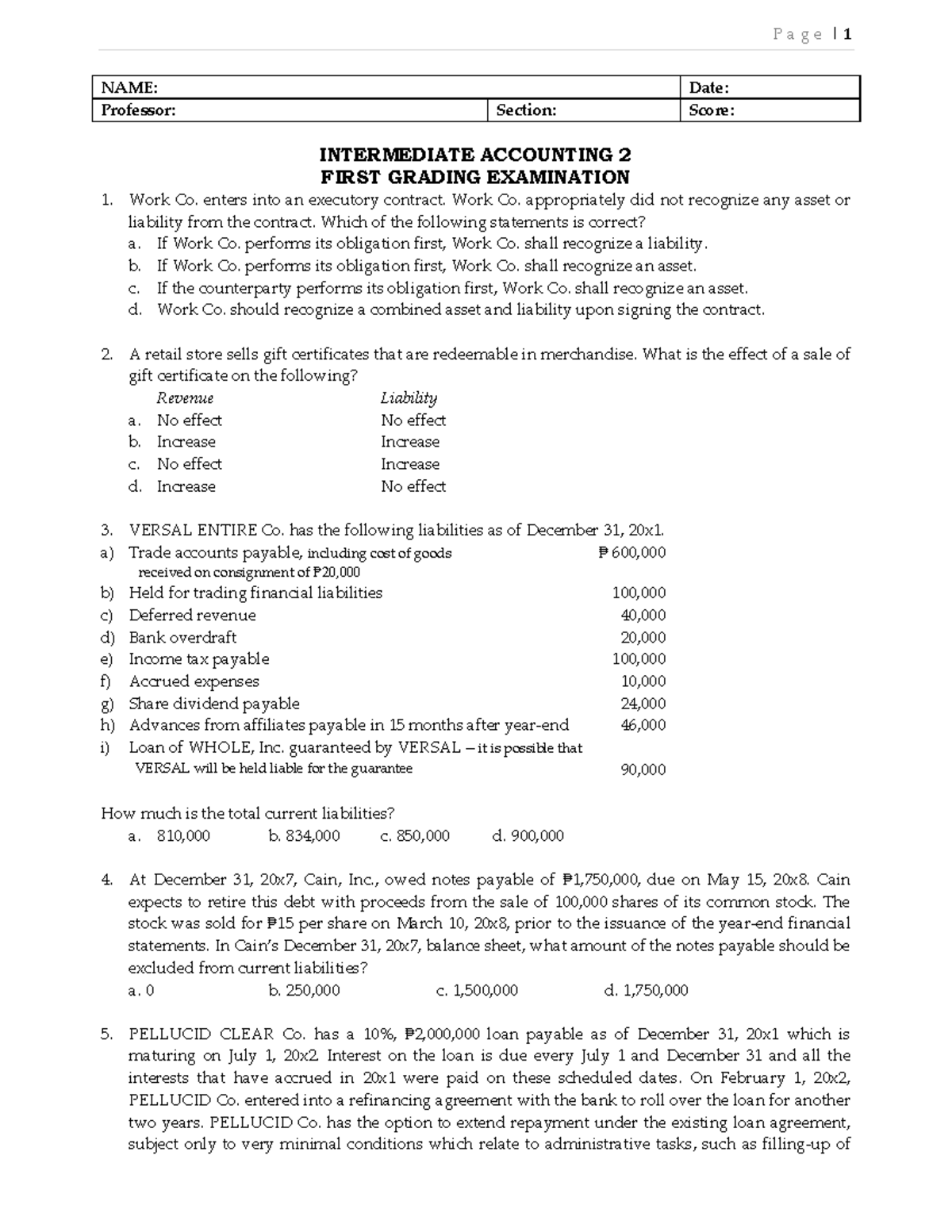 1ST Grading EXAM 2021 - NAME: Date: Professor: Section: Score ...