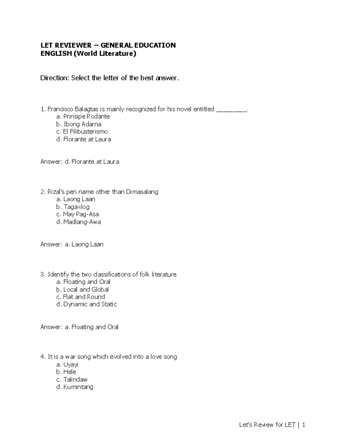 LET Reviewer - Gen Ed English Philippine Literature - LET REVIEWER ...