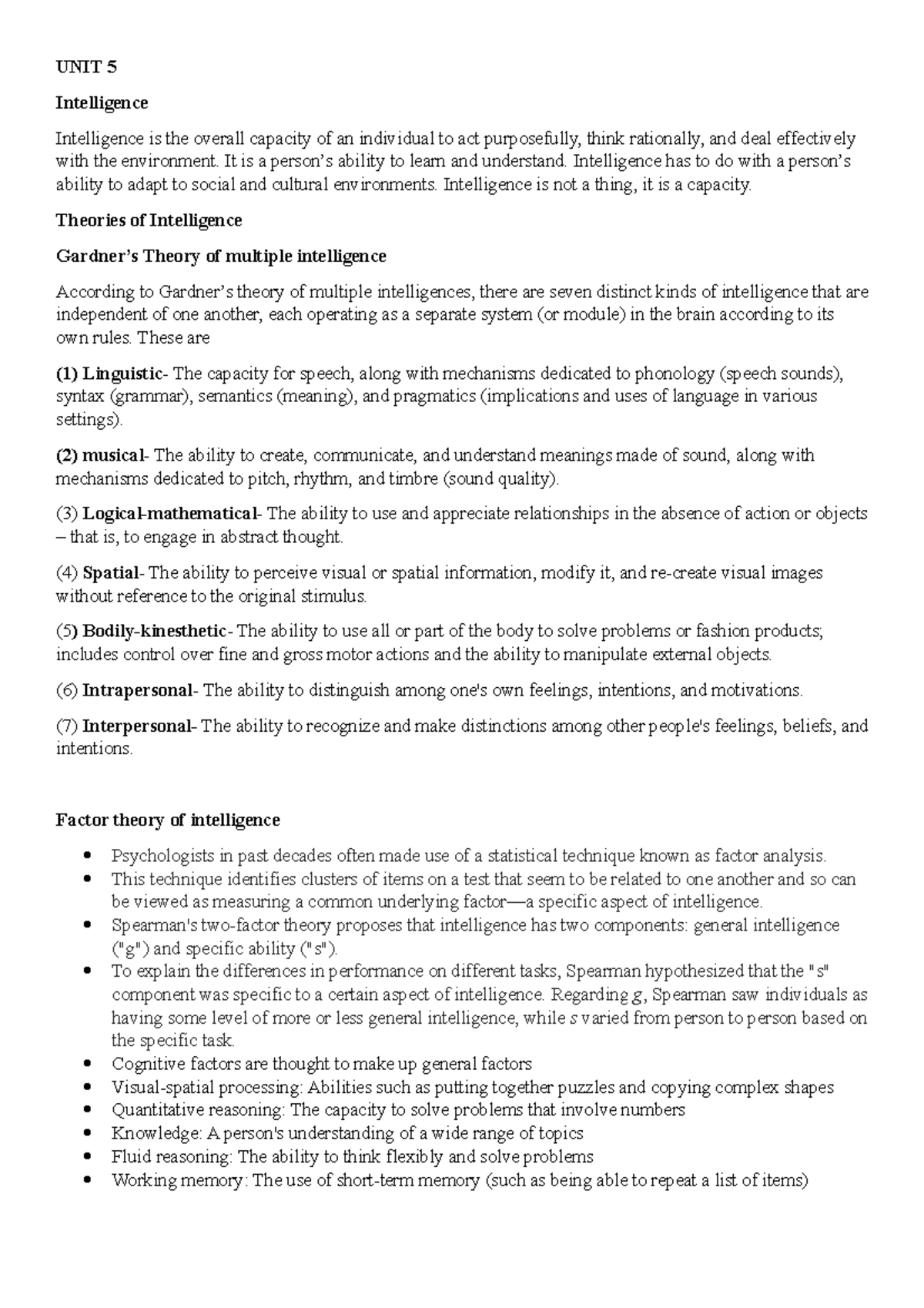 UNIT 5 intelligence pp - UNIT 5 Intelligence Intelligence is the ...