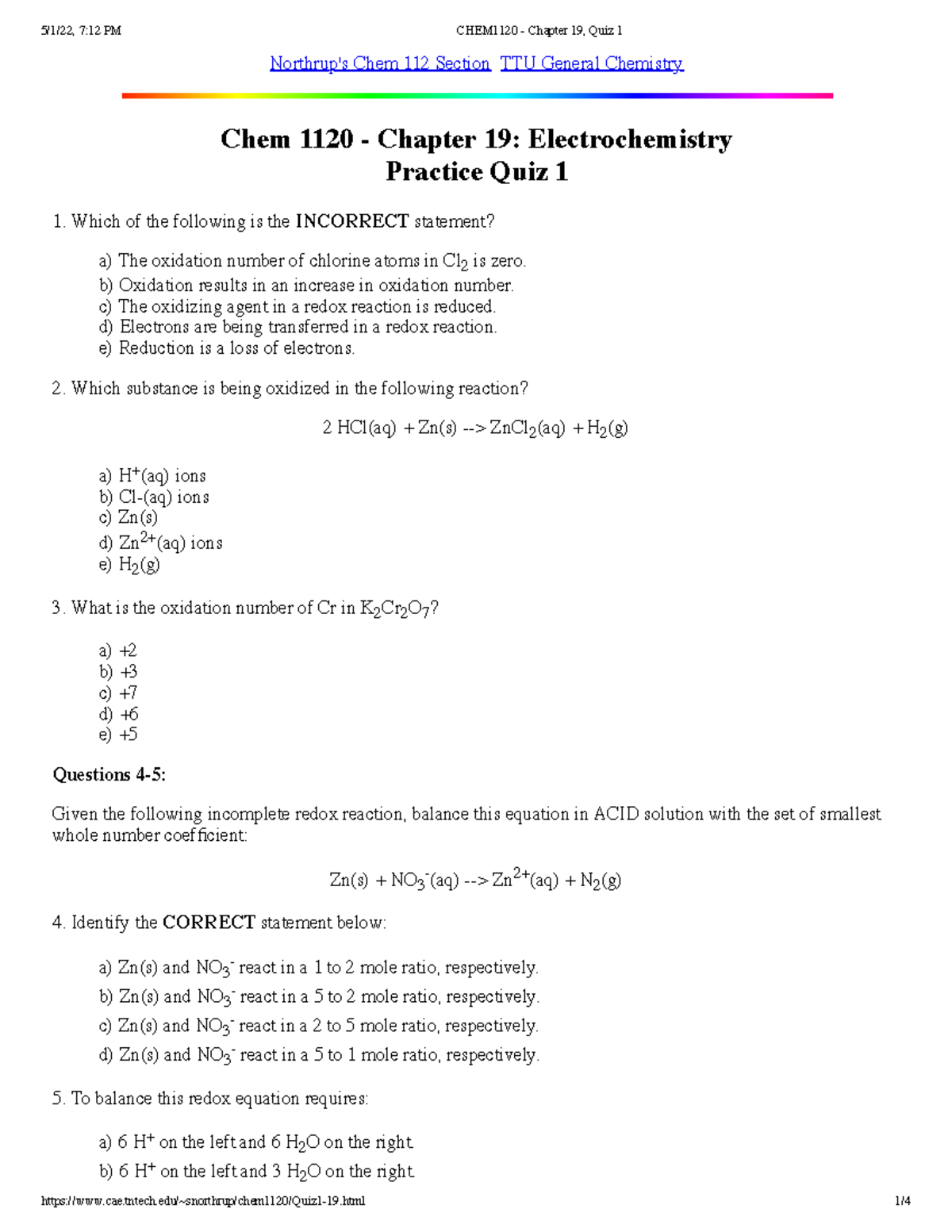CHEM1120 - Chapter 19, Quiz 1 - Northrup's Chem 112 Section TTU General Chemistry Chem 1120 ...