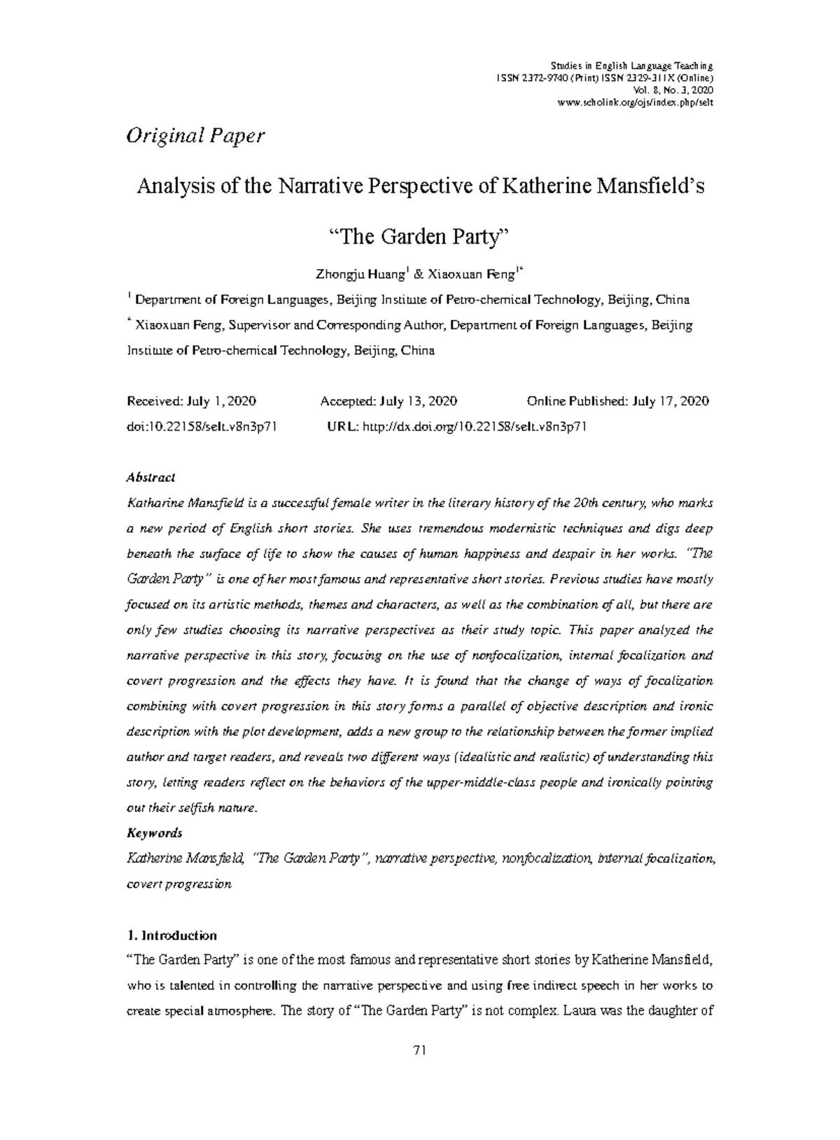 Analysis of the Narrative Perspective of Katherine - Studies in English ...