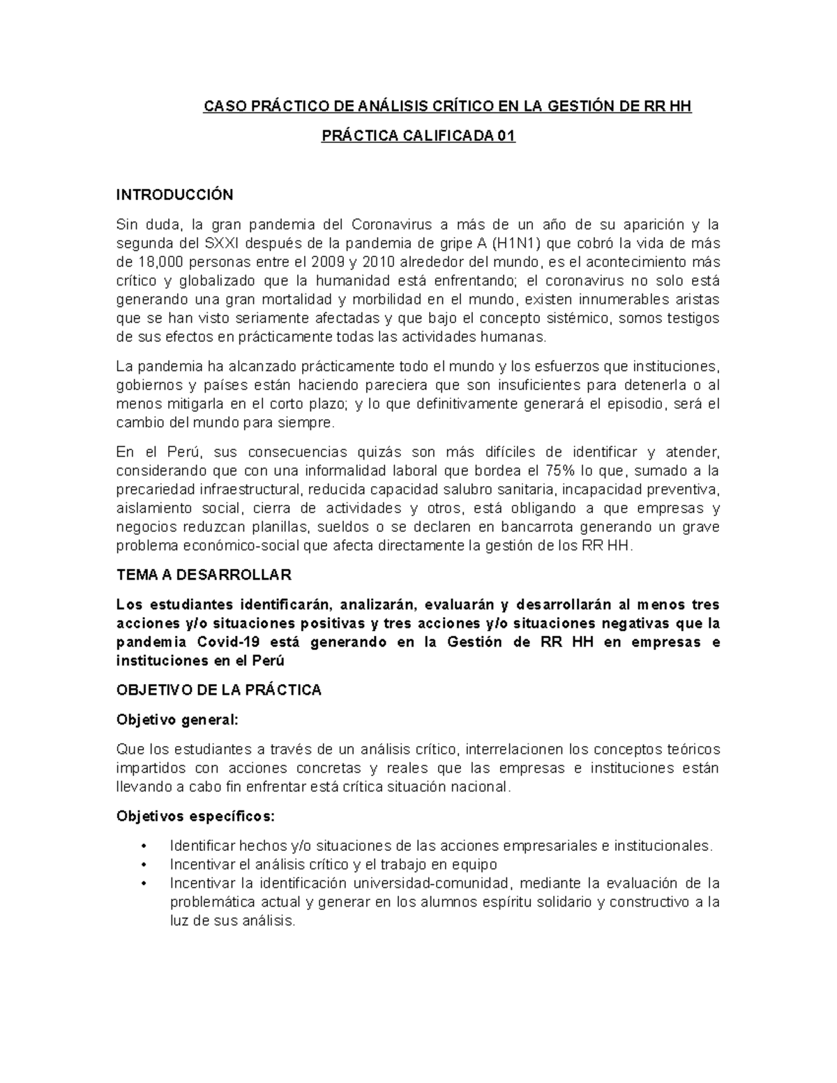 PC 01 Análisis Crítico EN LA Gestión DE RR HH 2021 - CASO PRÁCTICO DE ANÁLISIS CRÍTICO EN LA ...