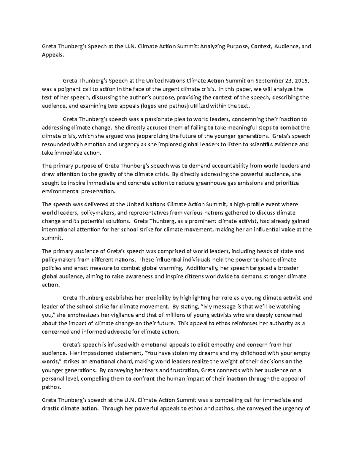 Greta Thunberg Final Draft - Greta Thunberg’s Speech at the U. Climate ...