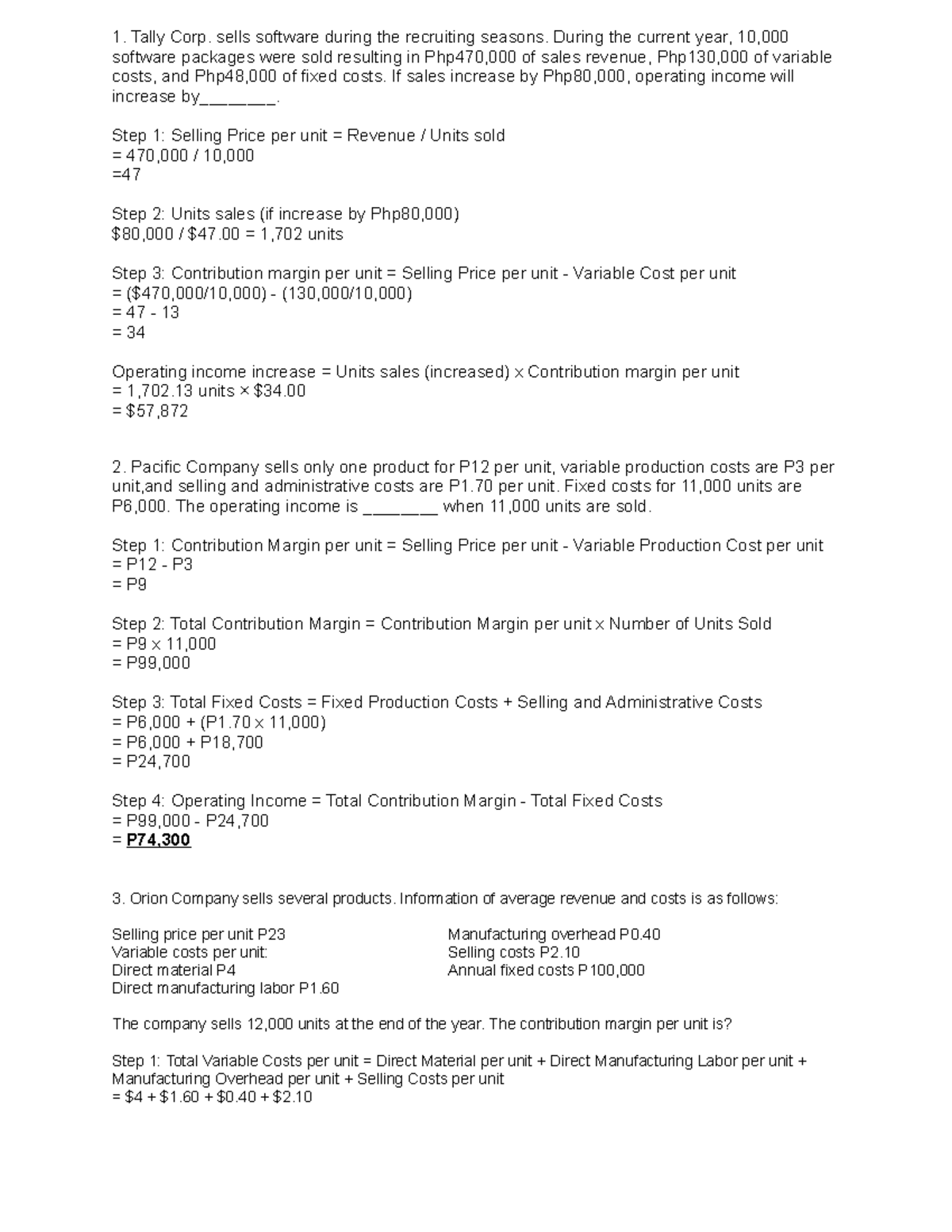 Cost Volume Analysis - Tally Corp. sells software during the recruiting ...