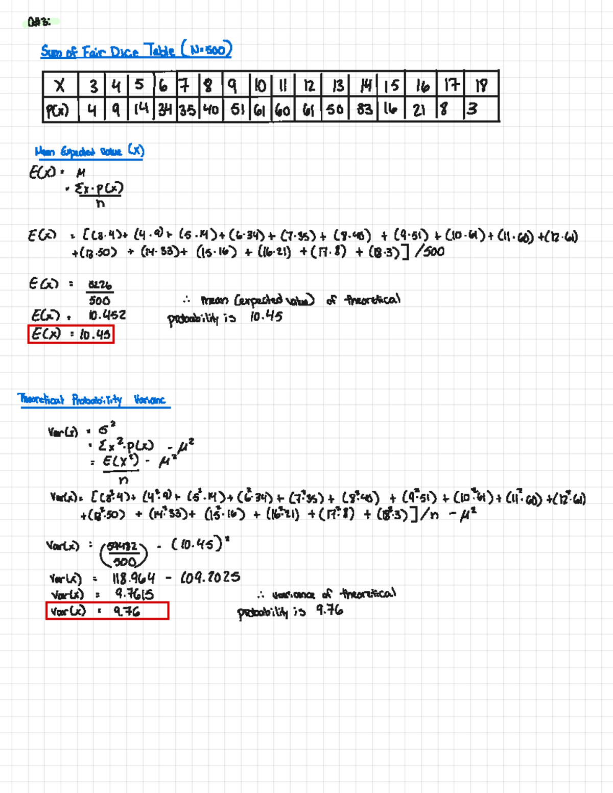 Untitled - practice - ①#3 : Sum of Fair Dice Table (N=500) b S65, Mean ...