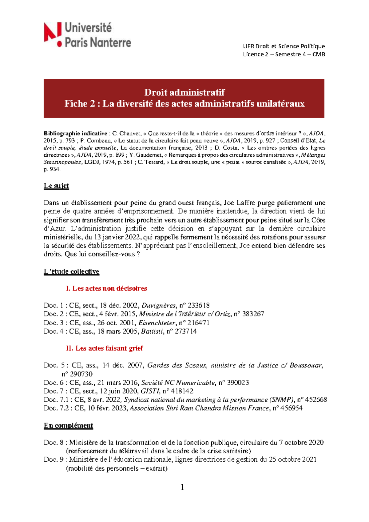 Droit adm - fiche 2 - Licence 2 – Semestre 4 – CMB Bibliographie indicative : C. Chauvet, « Que ...