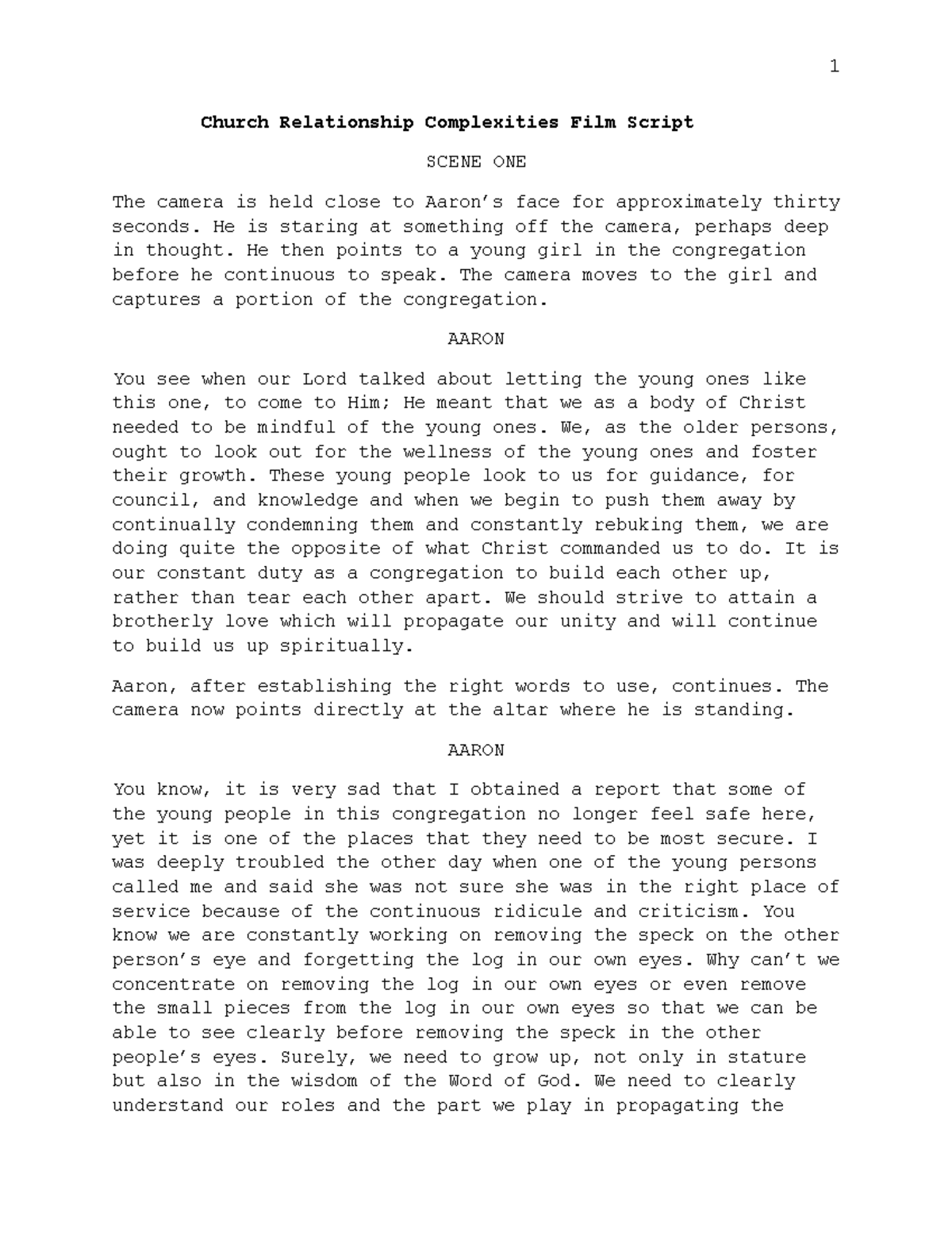 Film Script - Church Relationship Complexities Film Script SCENE ONE ...