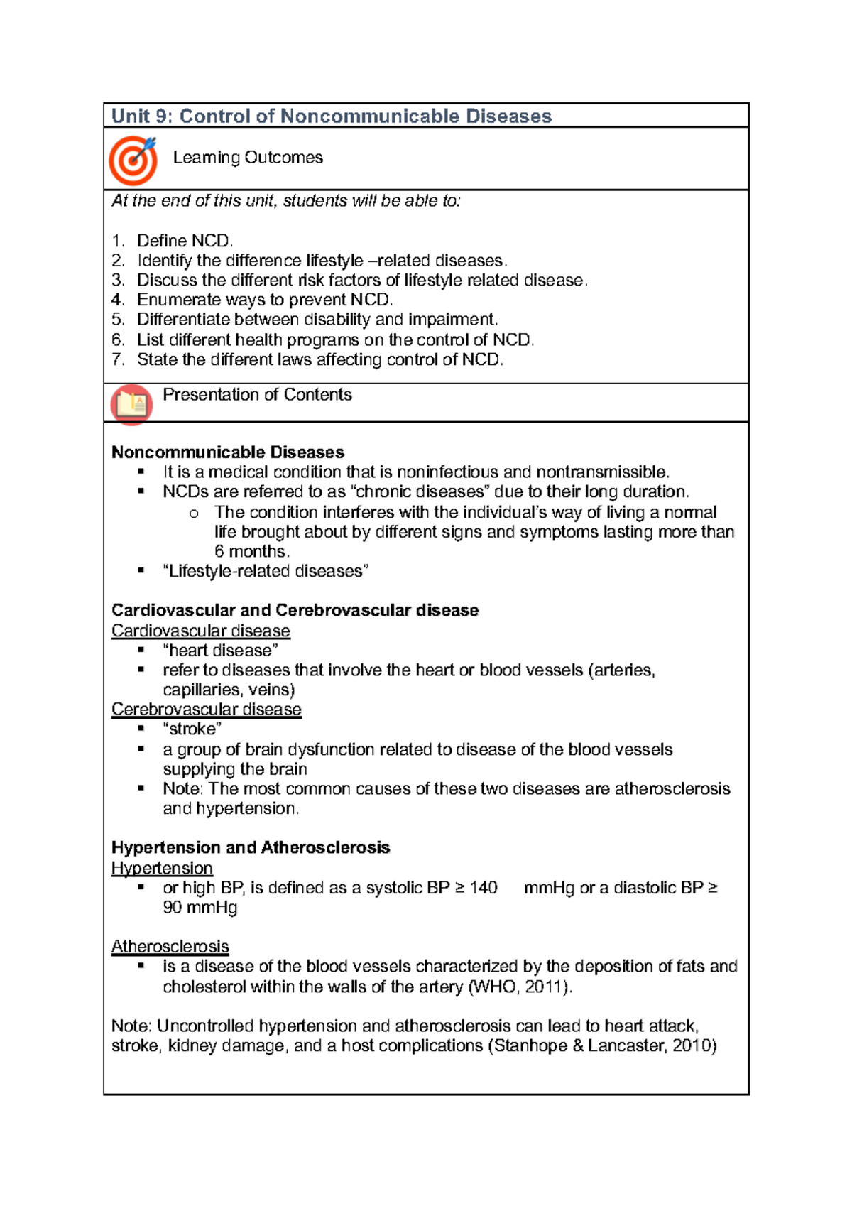 Unit 9 Control of NCD - non communicable disease - Unit 9 : Control of ...